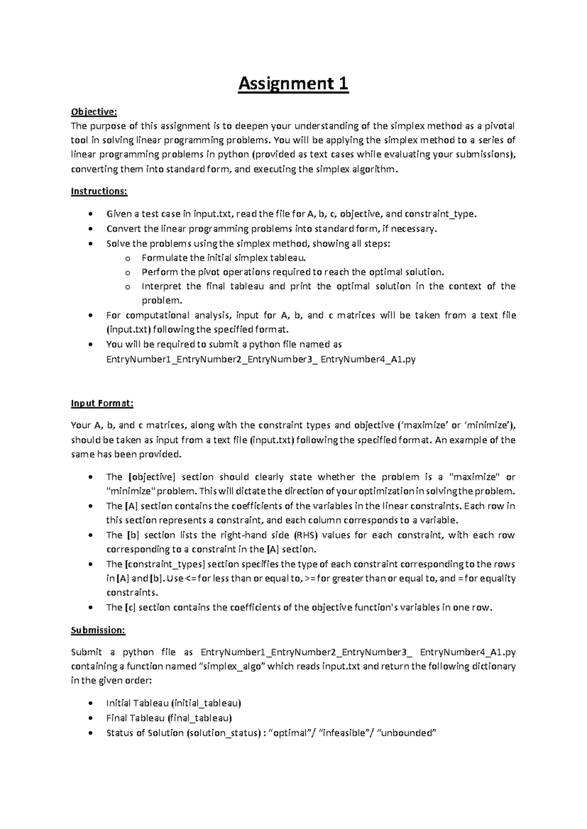 Assignment 1 - You will be applying the simplex method to a series of linear programming ...