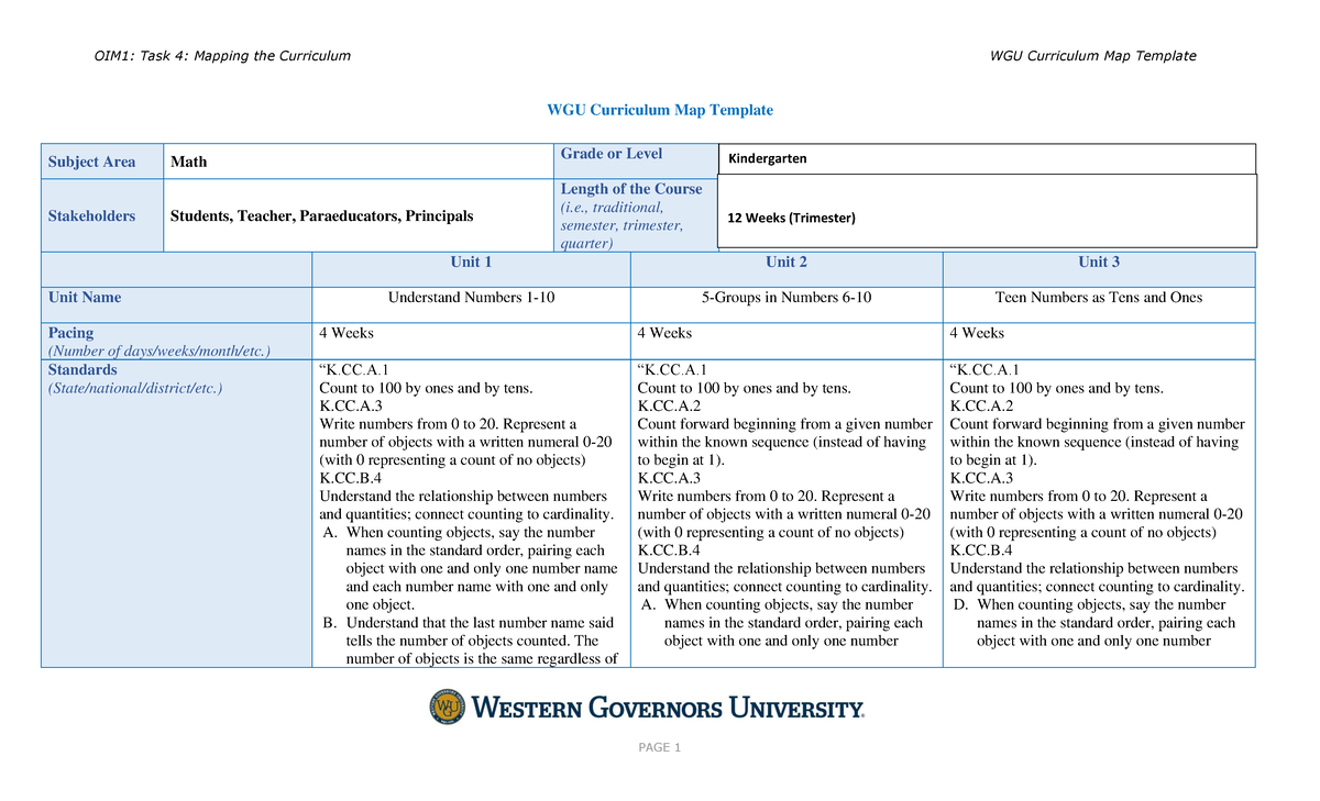 Mapping the Curriculum Task 4 - WGU Curriculum Map Template Subject ...