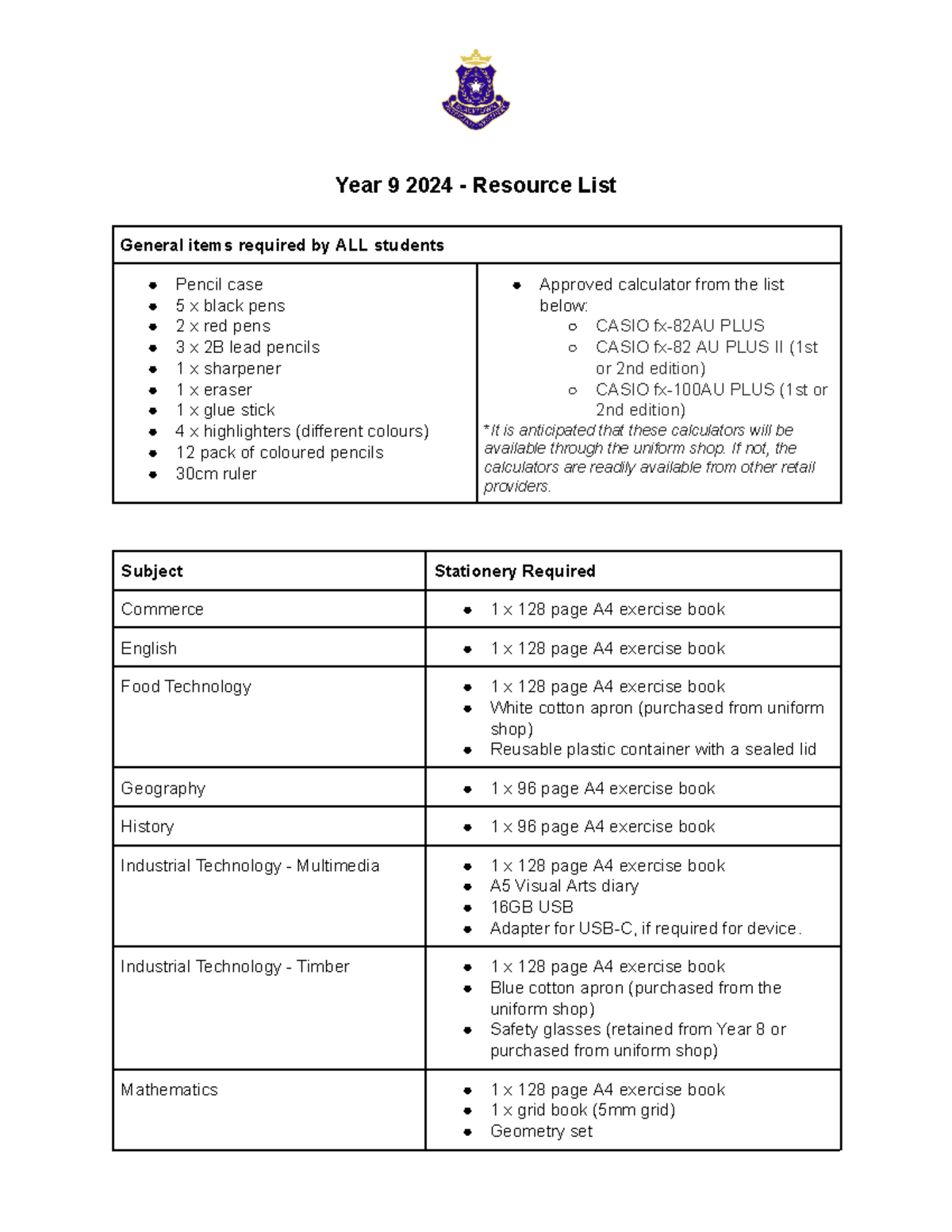 Resources Year 9 2024 - Research - Year 9 2024 - Resource List General items required by ALL ...