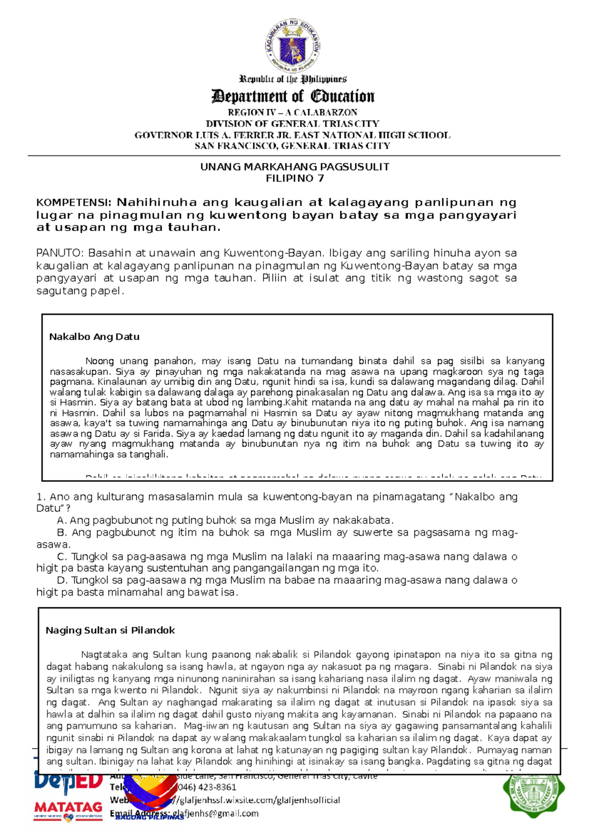 Grade 7 - 1st Quarter Exam - UNANG MARKAHANG PAGSUSULIT FILIPINO 7 ...