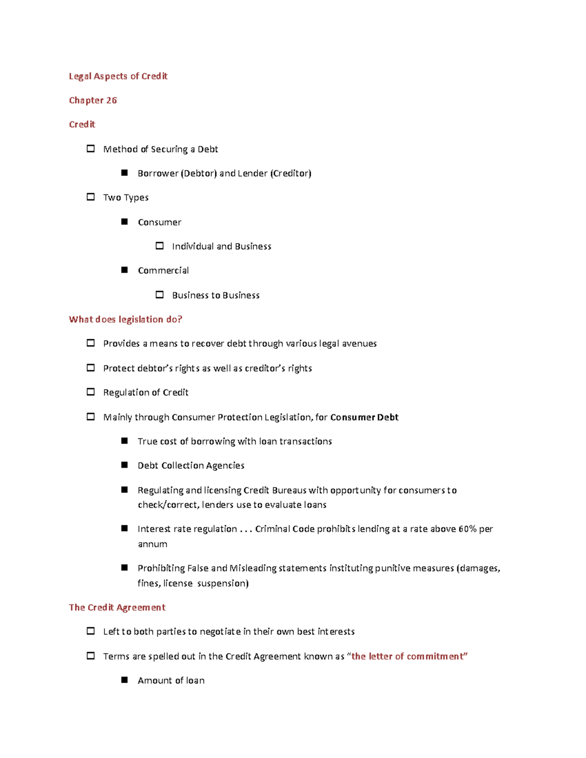 Credit outline - Legal Aspects of Credit Chapter 26 Credit Method of ...