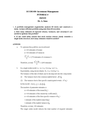 Solution Tutorial Week 4 - Tutorial Week 4 Portfolio Theory You manage a risky portfolio with E ...