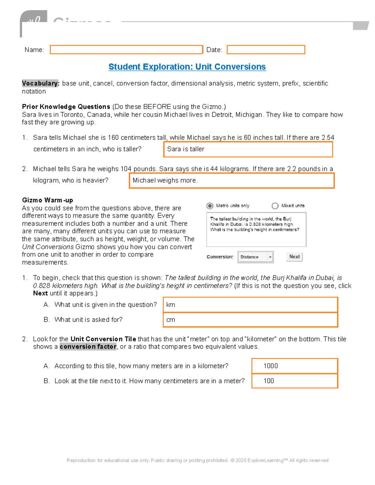 Copy of Unit Conversion 1SE - Name: Date: Student Exploration: Unit ...