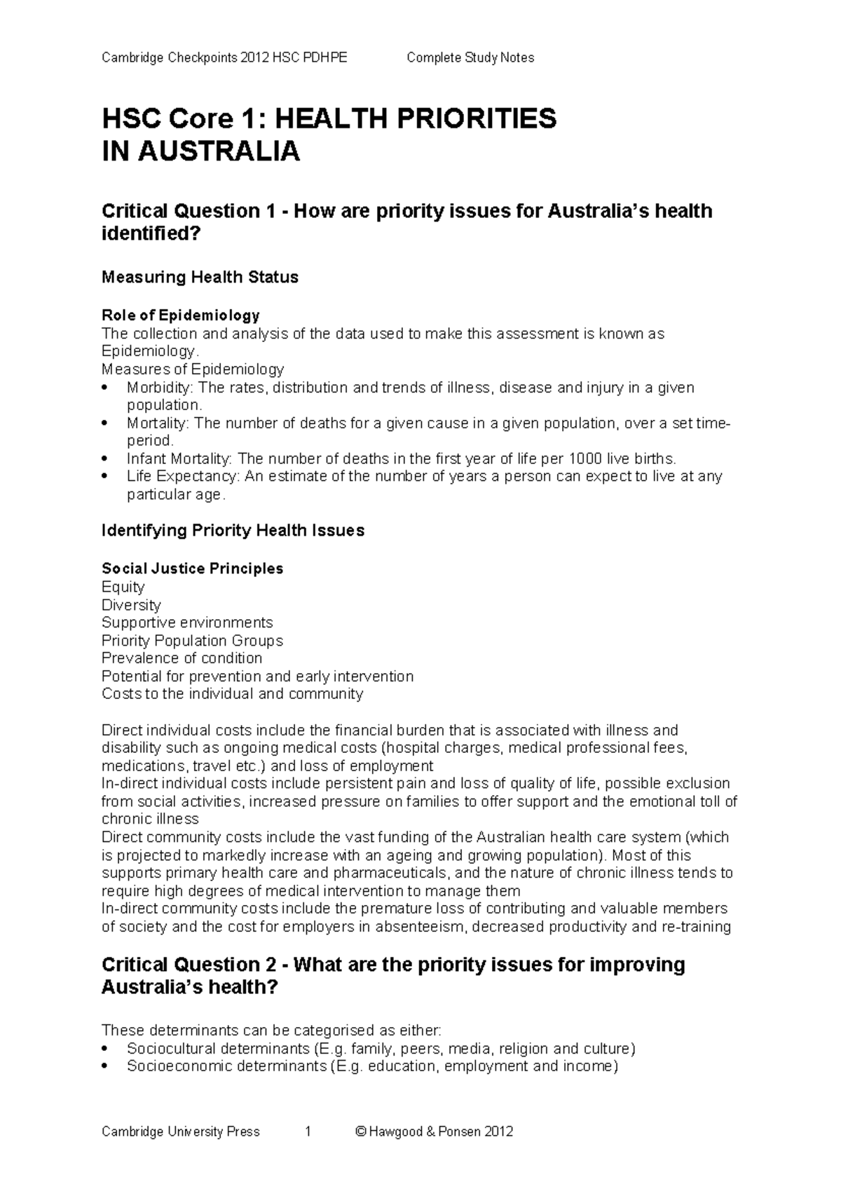 HSC Pdhpe study notes - HSC Core 1: HEALTH PRIORITIES IN AUSTRALIA ...