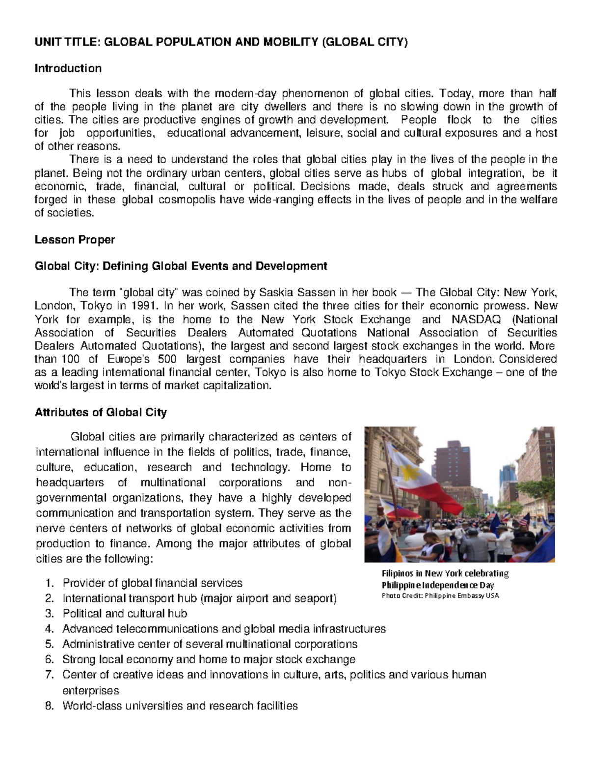 GLOBAL POPULATION AND MOBILITY (GLOBAL CITY) - UNIT TITLE: GLOBAL ...