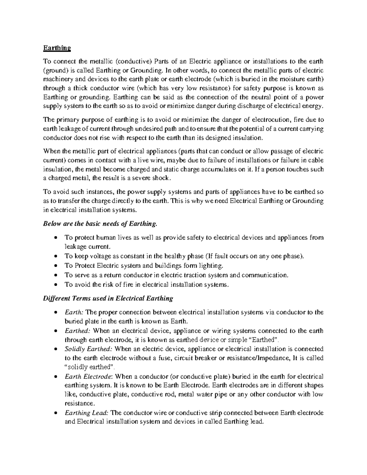 Earthing AND Cables Notes - Earthing To connect the metallic ...