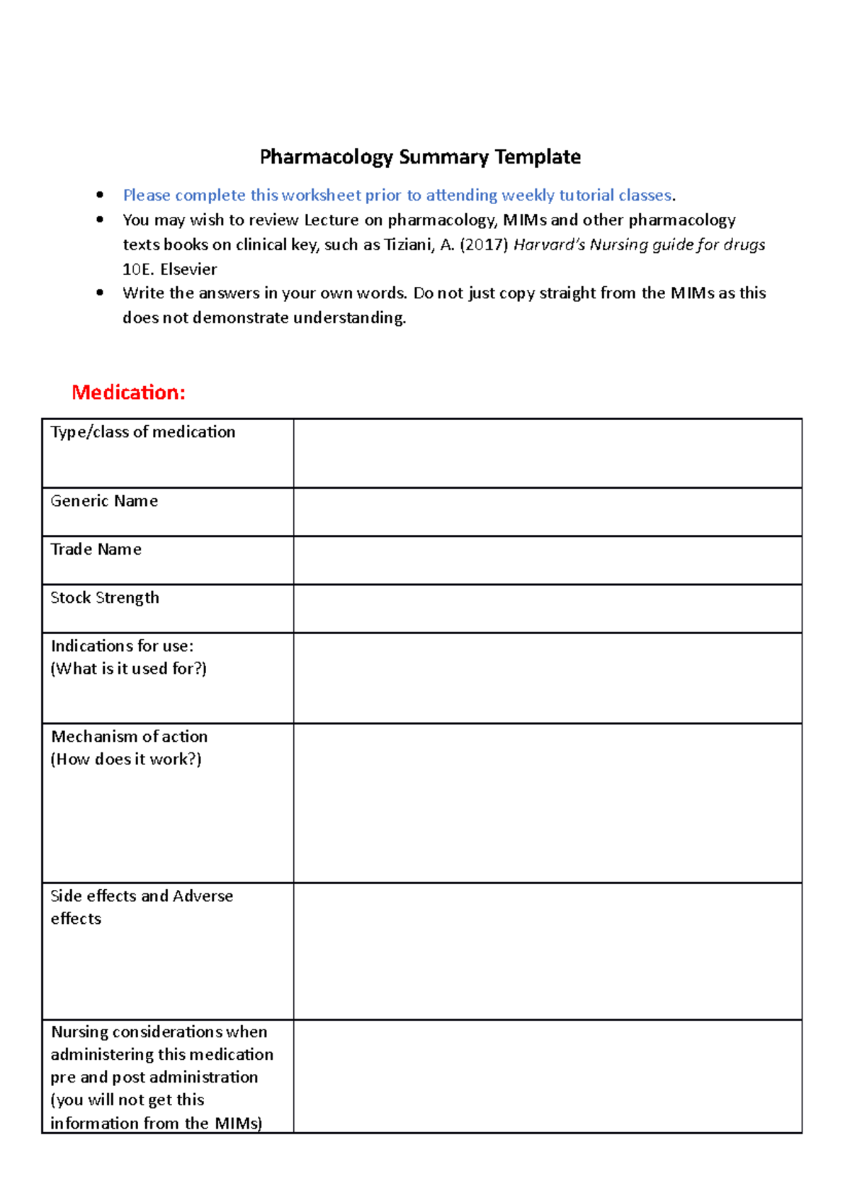 Pharmacology Summary Template - You may wish to review Lecture on ...