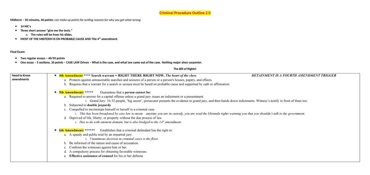 Crim Pro Outline 2 - Criminal Procedure Outline 2. Midterm – 50 minutes ...