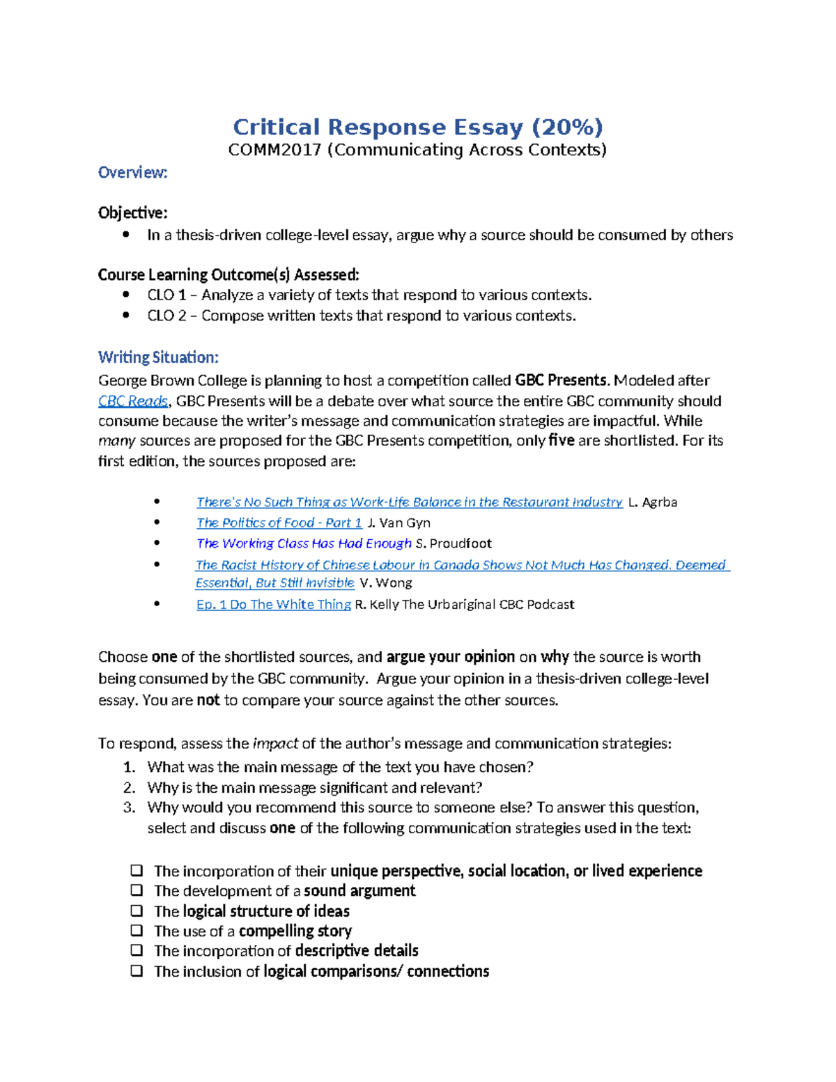 Critical Response Essay Instructions COMM 2017 - Critical Response ...