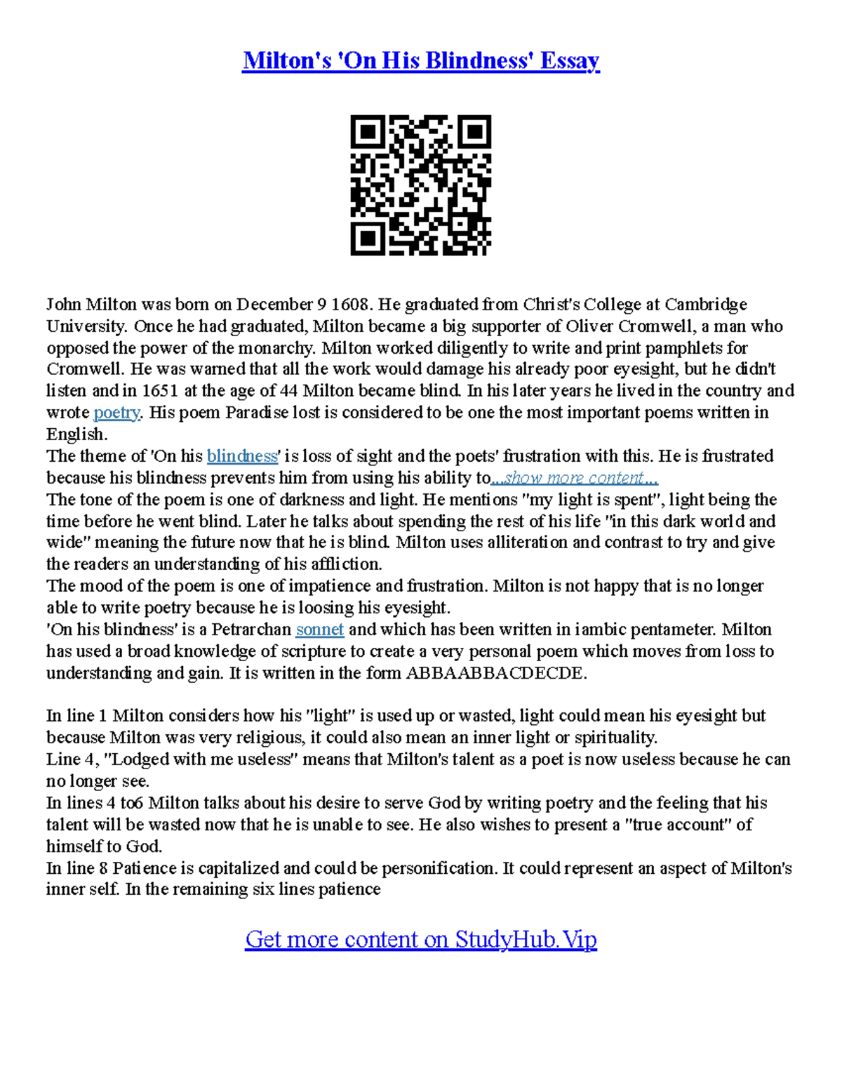 Blindness Essay - Milton's 'On His Blindness' Essay John Milton was ...