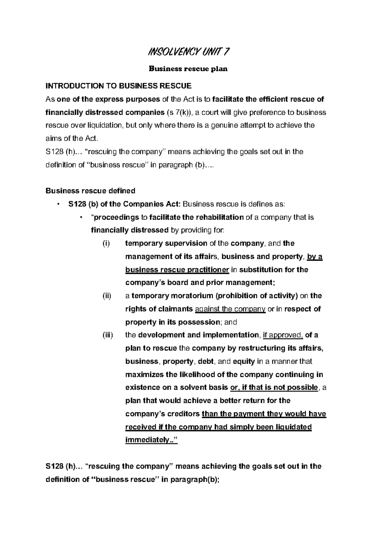 Insolvency UNIT 7 Summary - INSOLVENCY UNIT 7 Business rescue plan ...