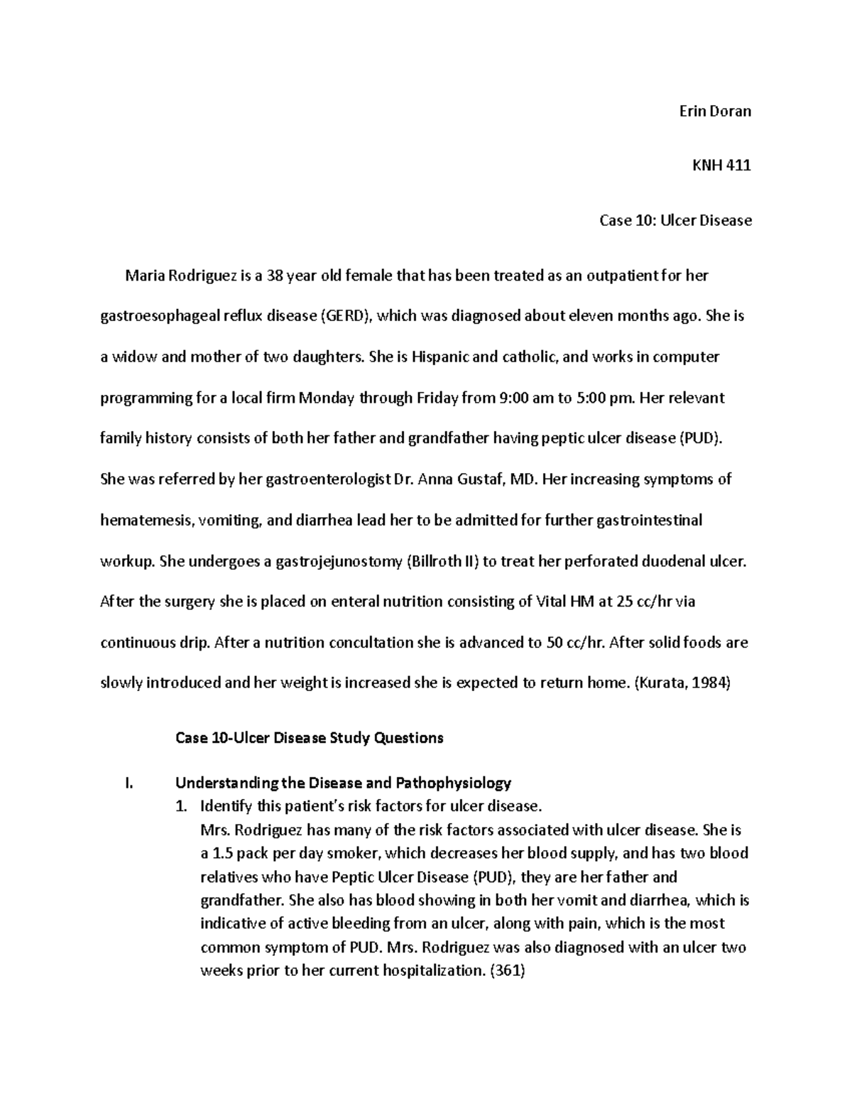 Case study ulcer disease - Erin Doran KNH 411 Case 10: Ulcer Disease ...