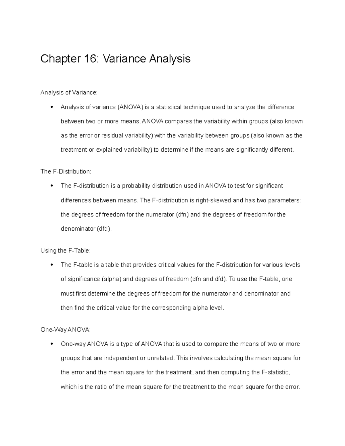 MA-150 Statistics I, Chapter 16 Notes - Chapter 16: Variance Analysis ...