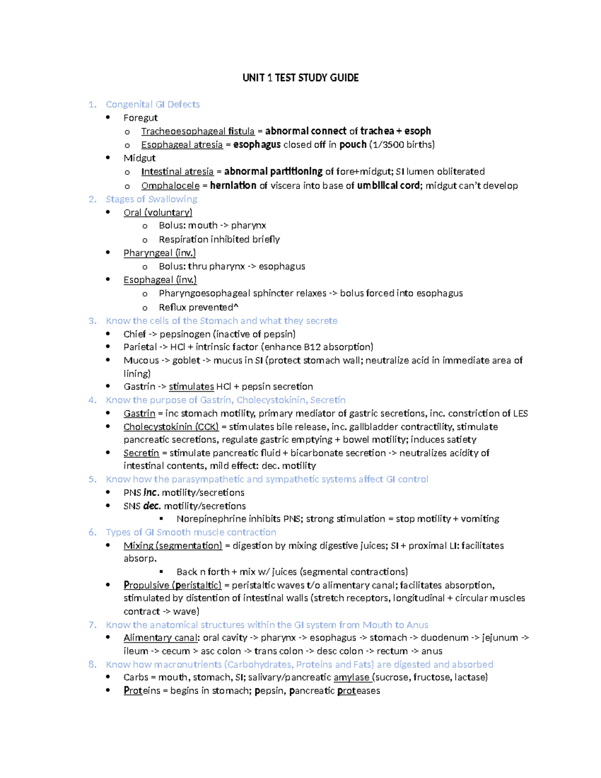 Unit 1 Study Guide - UNIT 1 TEST STUDY GUIDE Congenital GI Defects ...