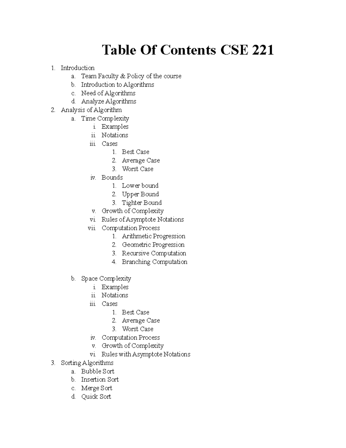 Syllabus of CSE 221 - Table Of Contents CSE 221 Introduction a. Team ...