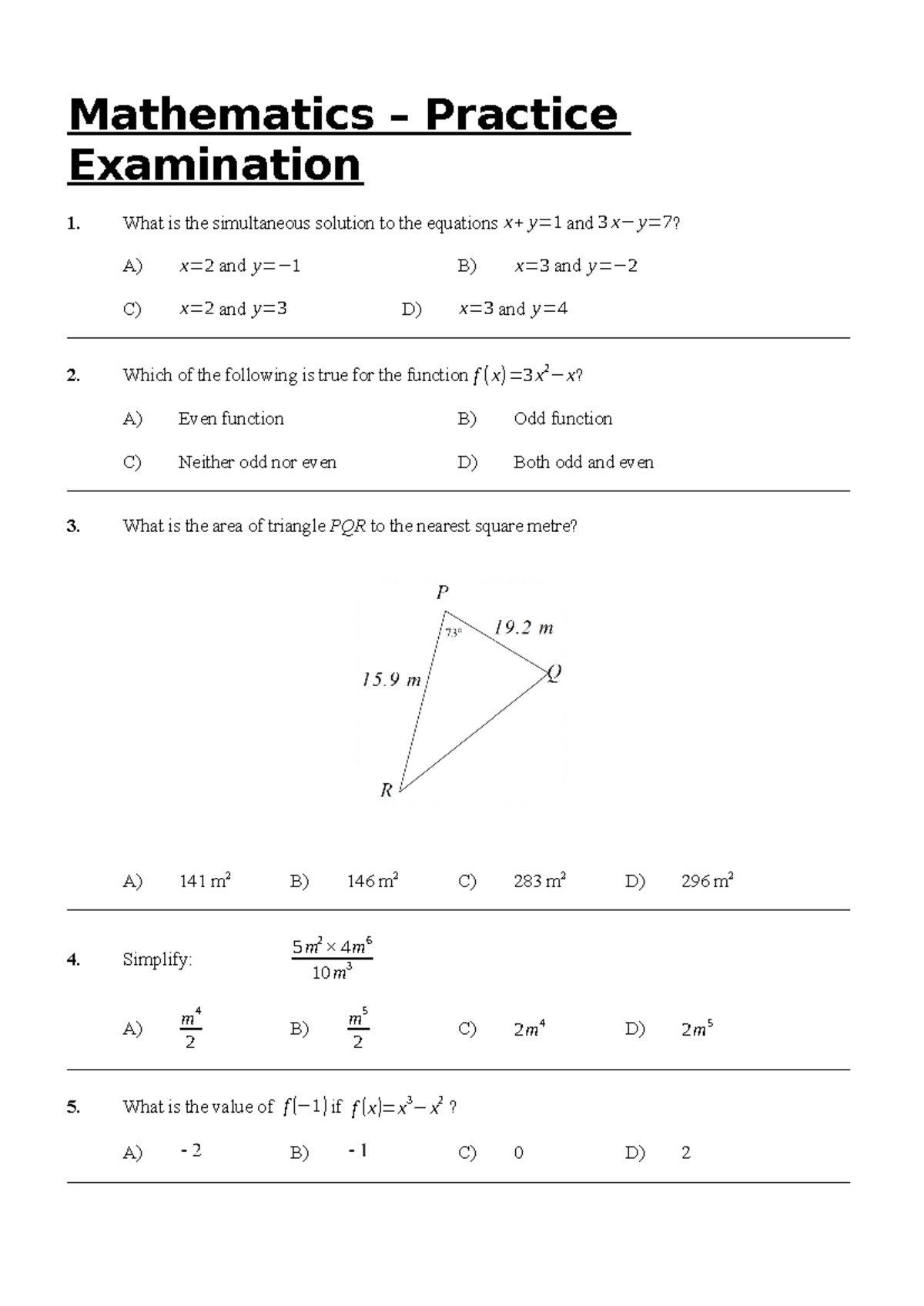 Mathematics Advanced Practice Test - Mathematics – Practice Examination ...