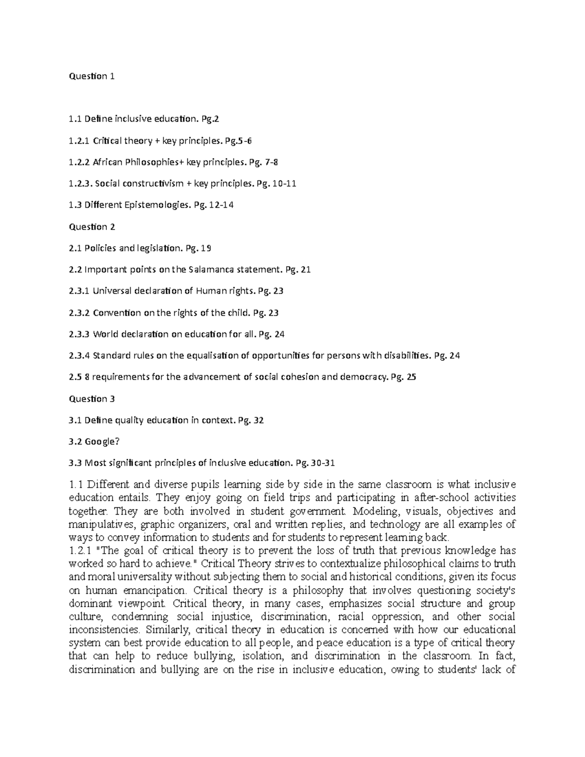 Question 1 - note - Question 1 1 Define inclusive education. Pg. 1.2 ...