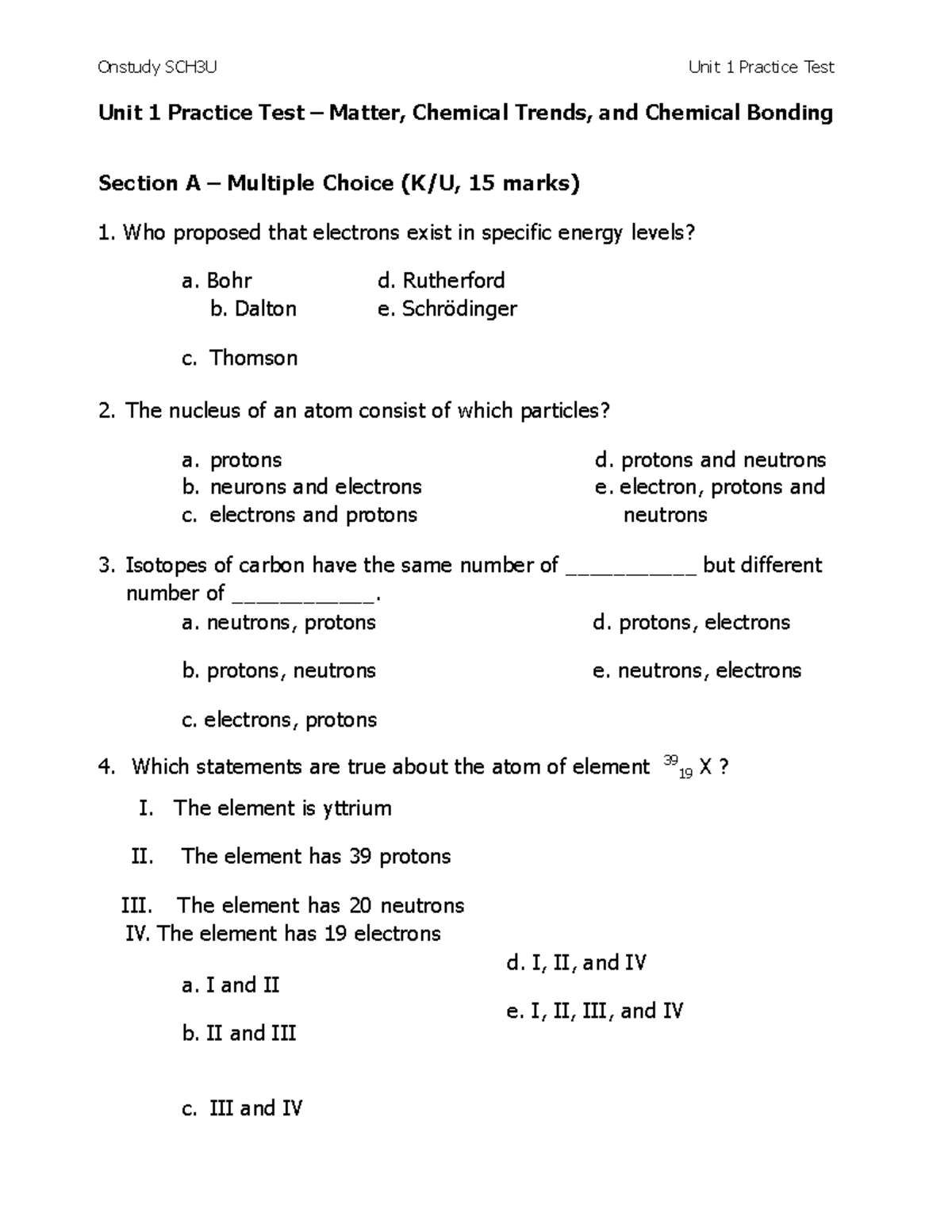 SCH3U-Unit-1-Practice Test - Onstudy SCH3U Unit 1 Practice Test Unit 1 ...