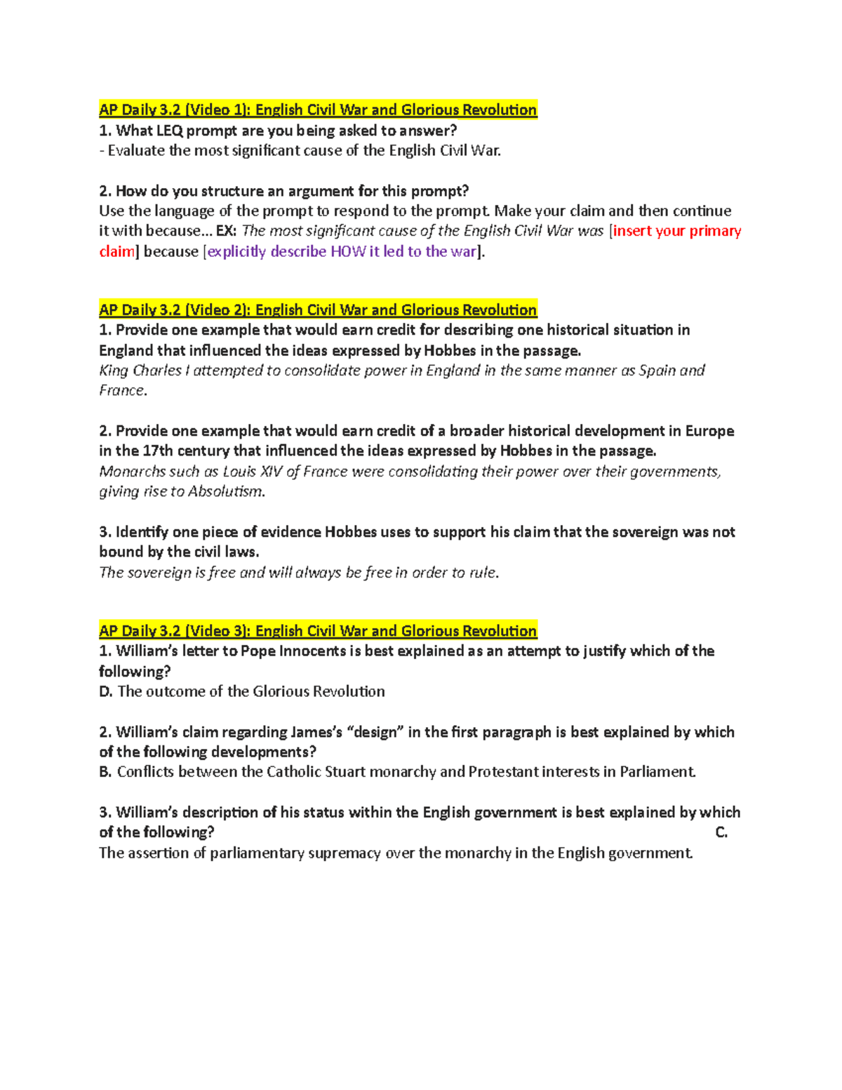 English Civil War and Glorious Revolution AP Notes - AP Daily 3 (Video ...