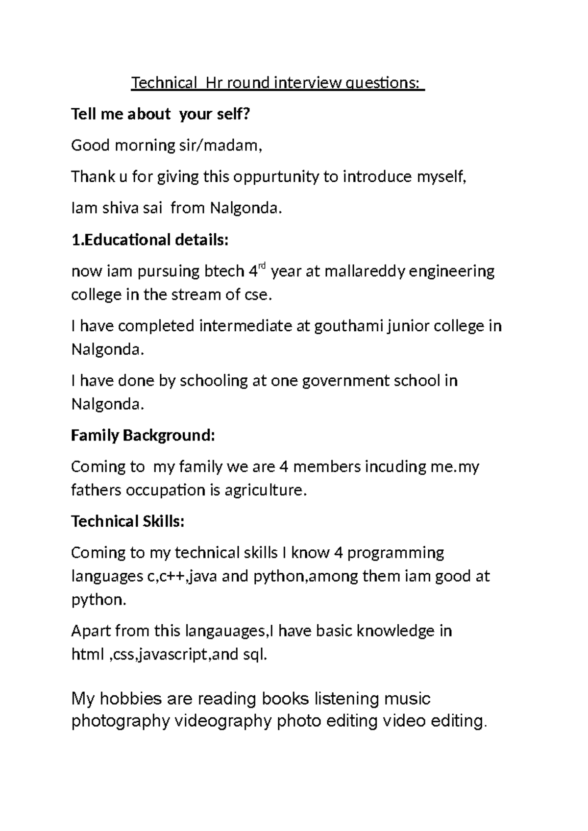 Technical Hr round interview questions - 1 details: now iam pursuing ...