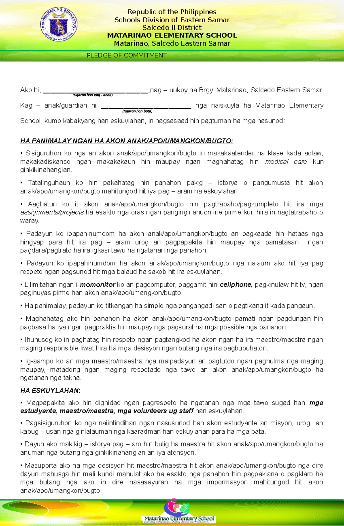 Pledge OF Commitment - Parents - Republic of the Philippines Schools ...