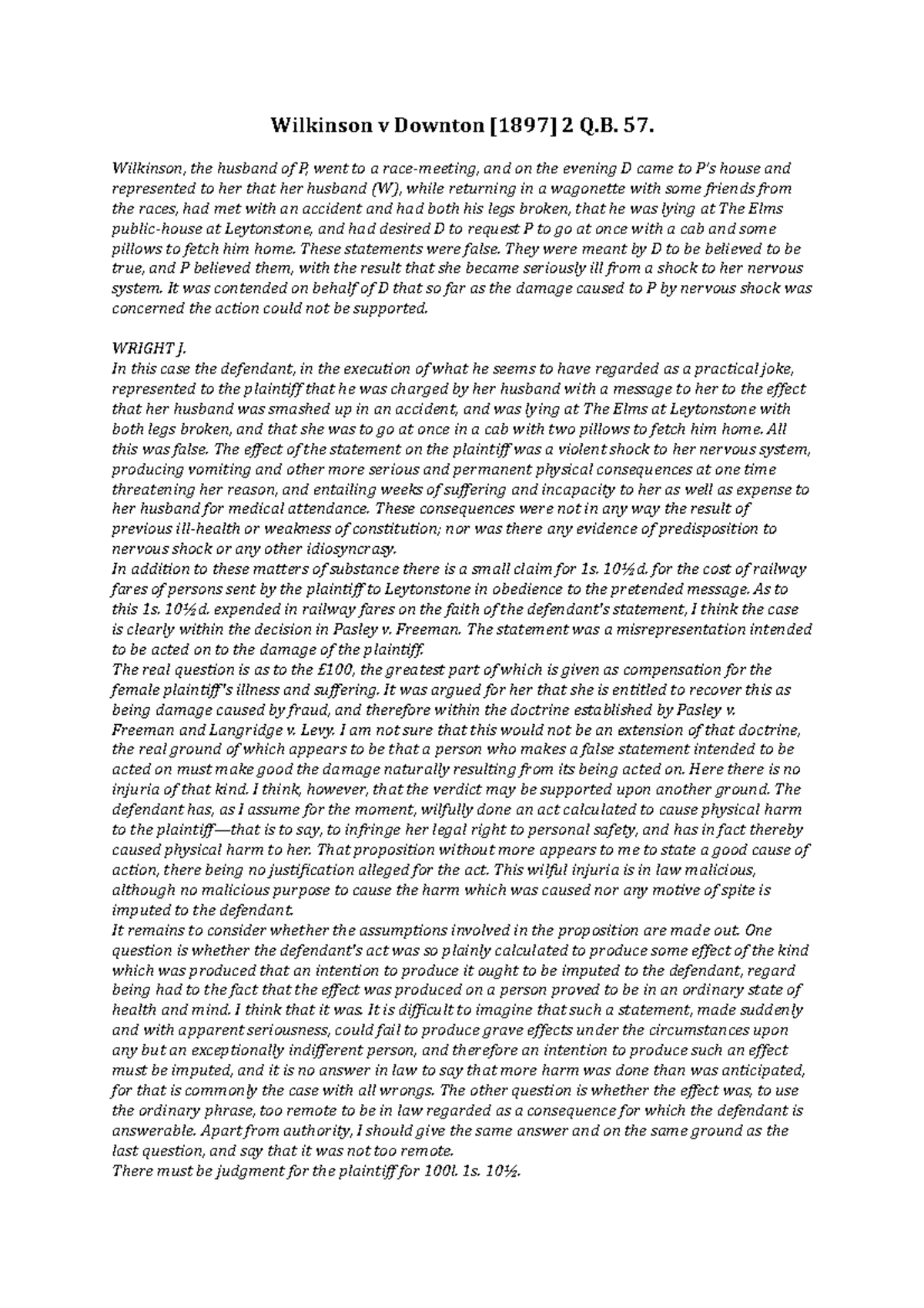 Wilkinson v Downton 2018 - Wilkinson v Downton [1897] 2 Q. 57 ...