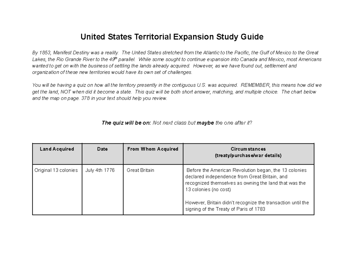 Territorial Expansion Study Guide - The United States stretched from ...