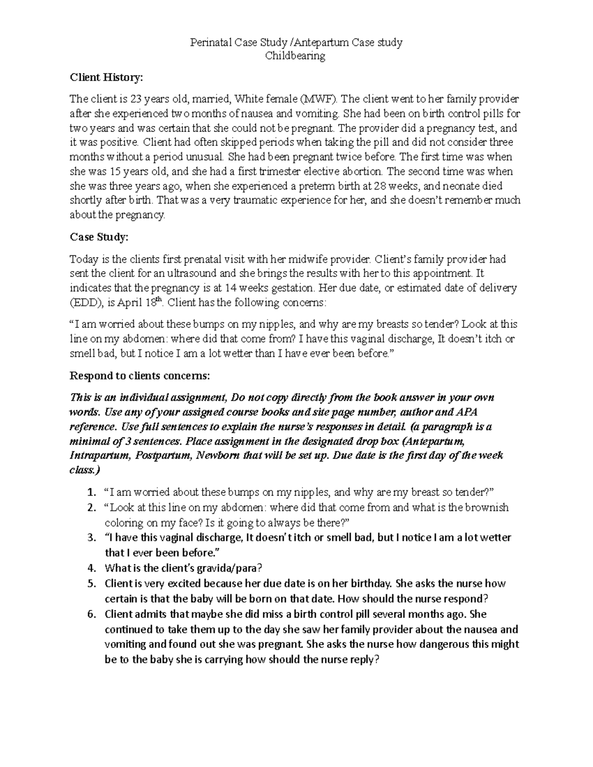 Perinatal Case Study 1 F2020 - Perinatal Case Study /Antepartum Case ...