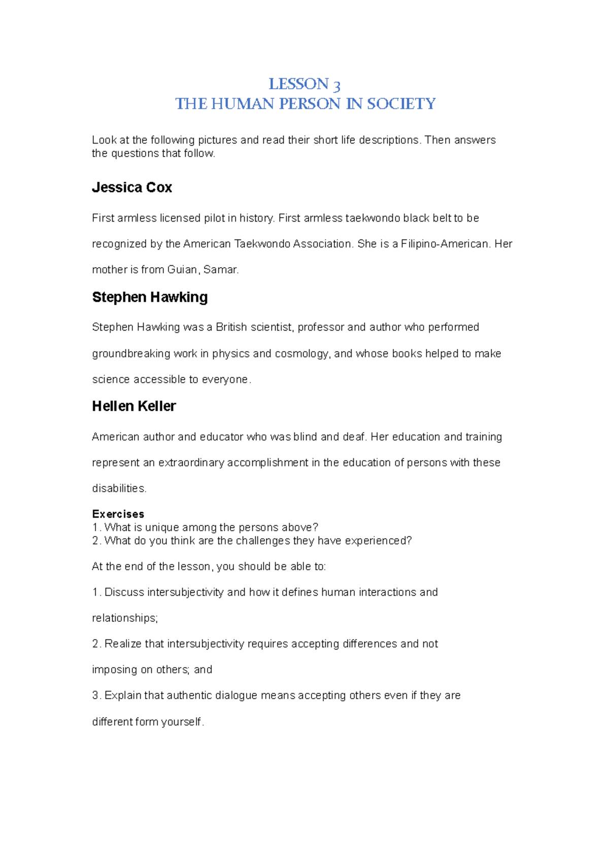 Philosophy Lesson 3 - Lecture notes 3 - LESSON 3 THE HUMAN PERSON IN ...