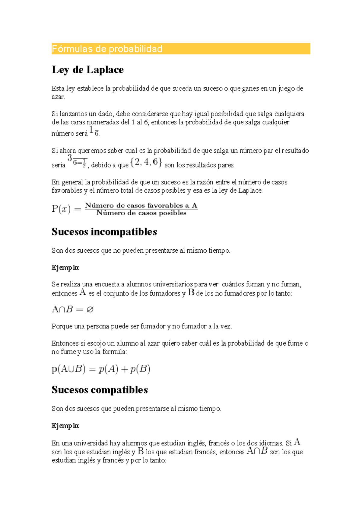 Fórmulas de probabilidad- estadistica - Fórmulas de probabilidad Ley de Laplace Esta ley ...