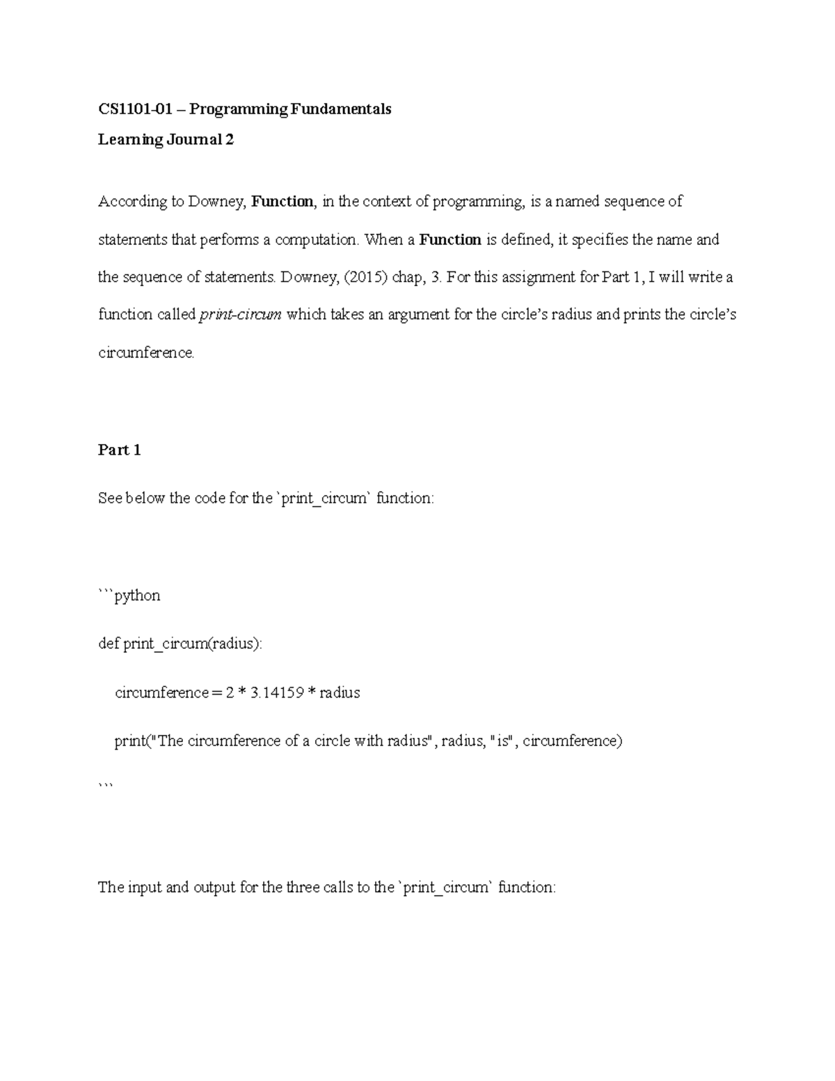 CS1101 - Assignment #2 - Learning Journal - CS1101-01 – Programming Fundamentals Learning ...