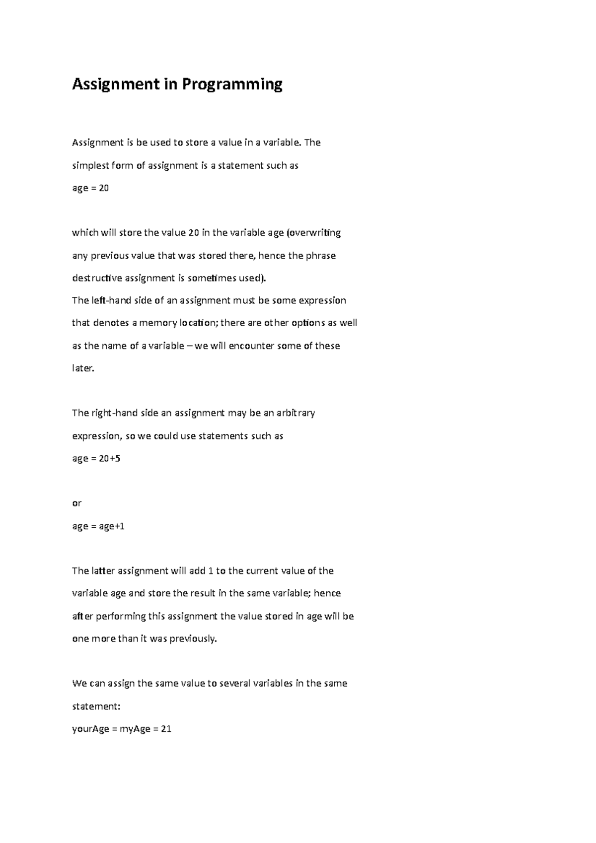 Operators and Expressions - Assignment in Programming Assignment is be ...