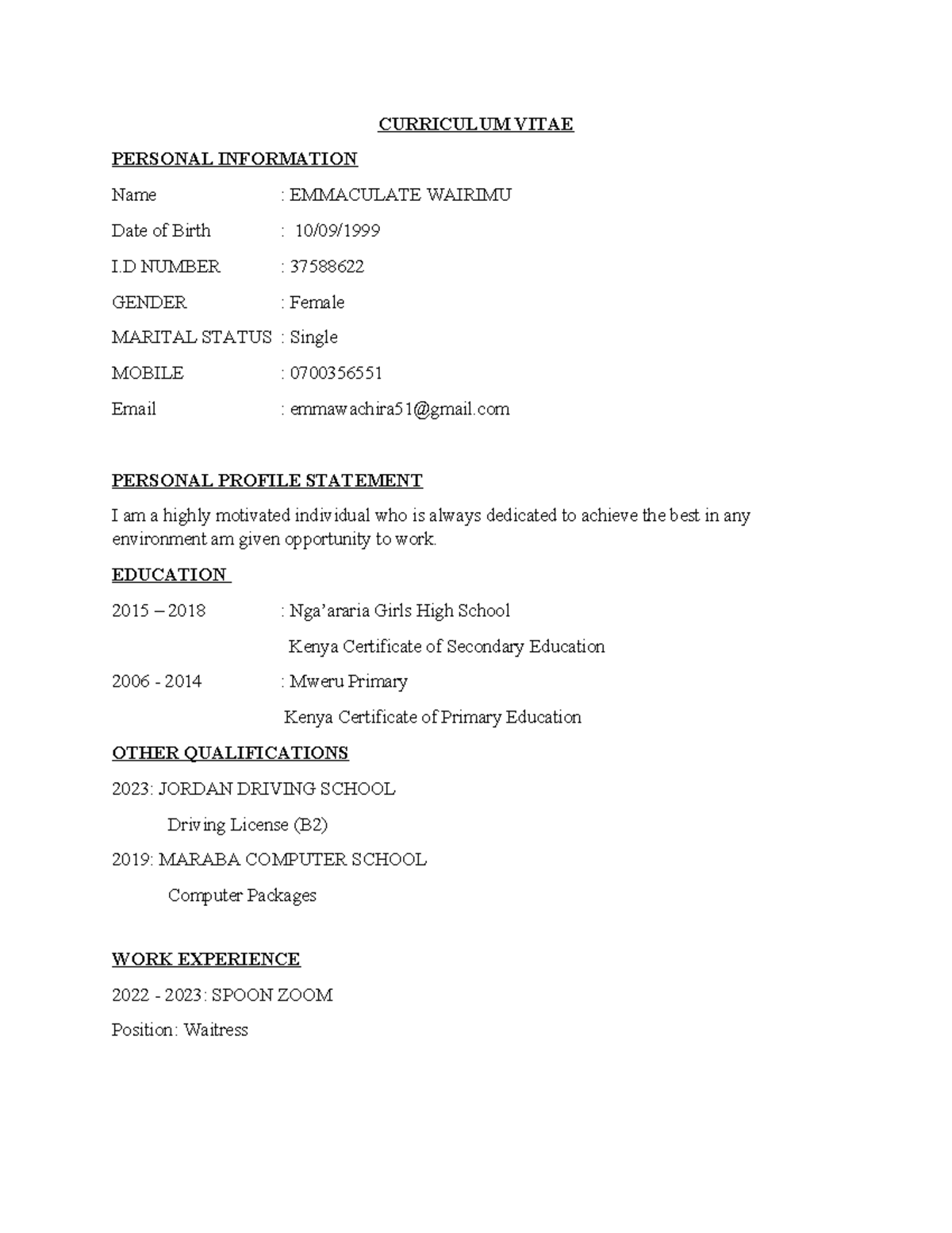 Curriculum Vitae - CURRICULUM VITAE PERSONAL INFORMATION Name ...