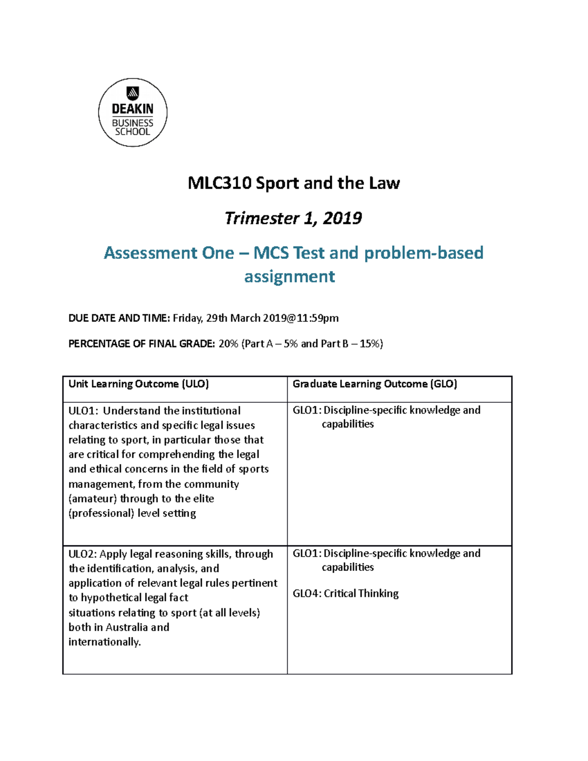 Assessment One MLC310 - MLC310 Sport and the Law Trimester 1, 2019 ...