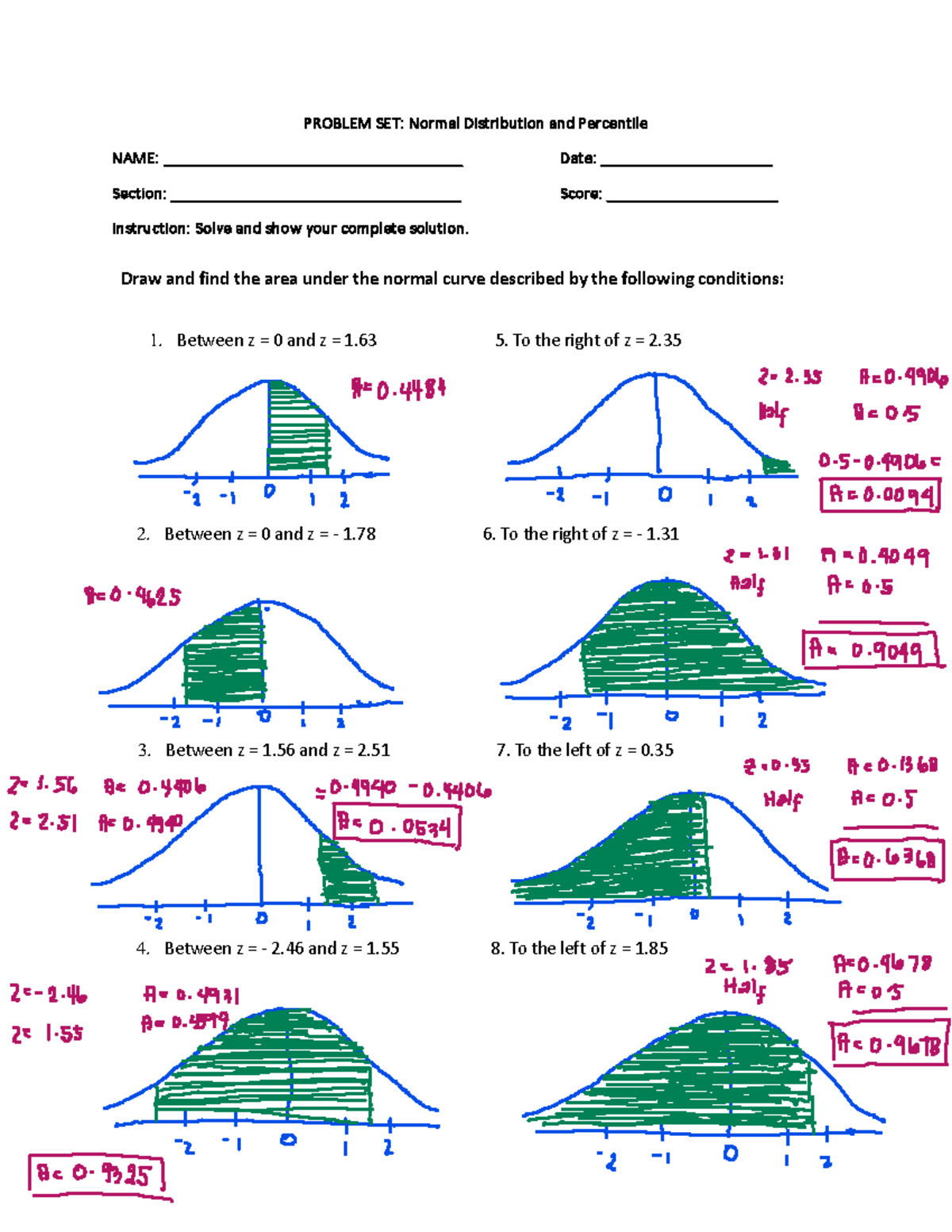 Answer key 2 Normal Distribution - PROBLEM SET: Normal Distribution and ...