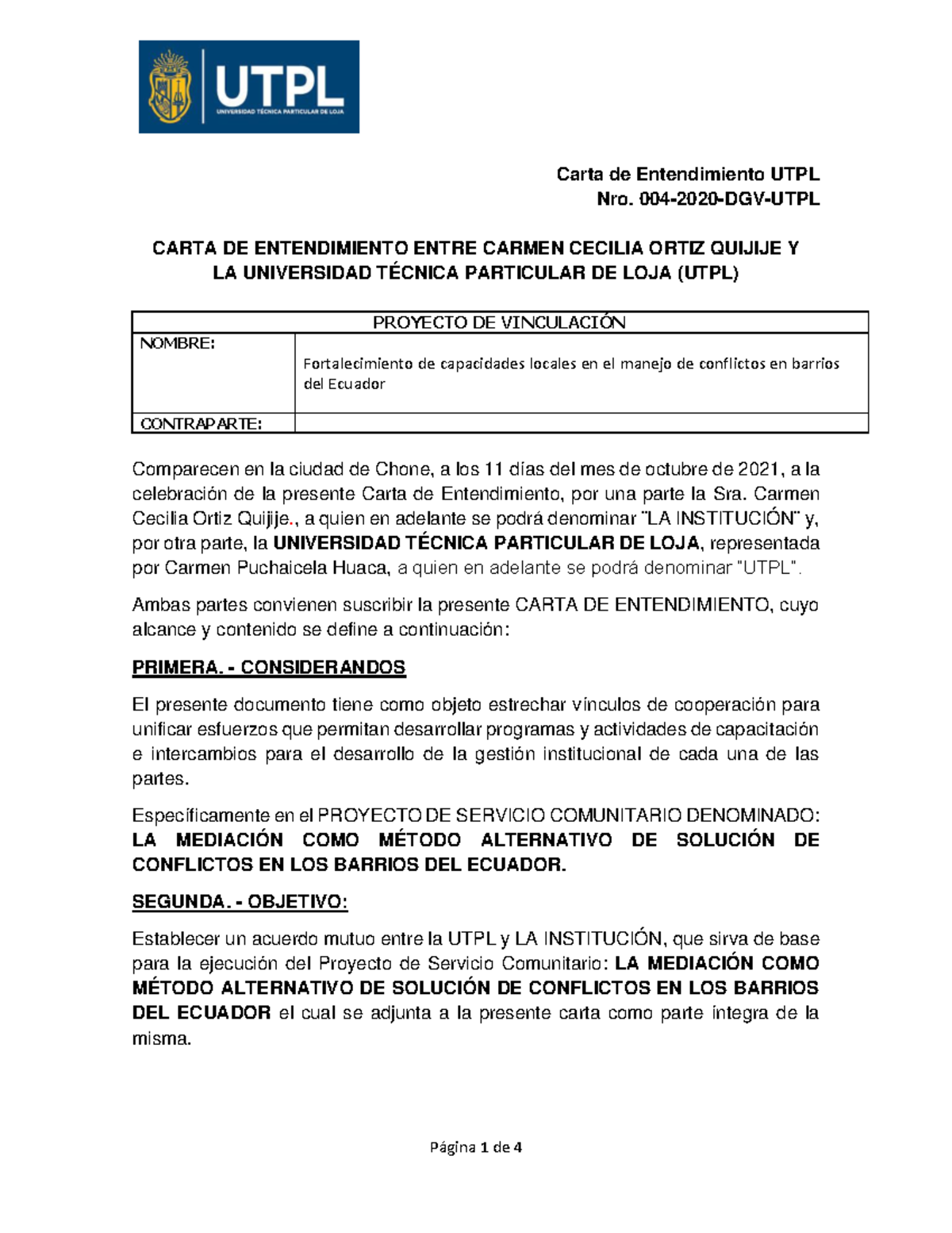 Carta de Entendimiento Grupo NRO. 8 Paralelo Q1 - Carta de Entendimiento UTPL Nro. 004 - 2020 ...
