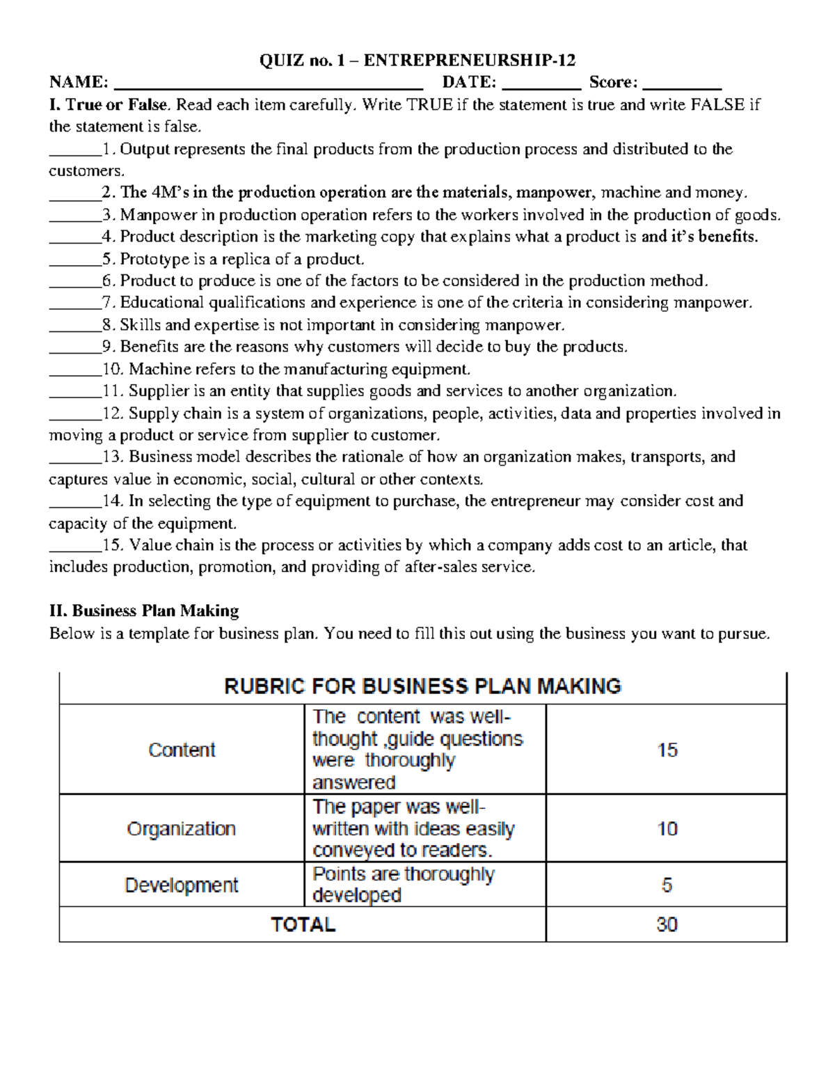 Quiz 1 - Short Quiz - QUIZ no. 1 – ENTREPRENEURSHIP- 12 NAME