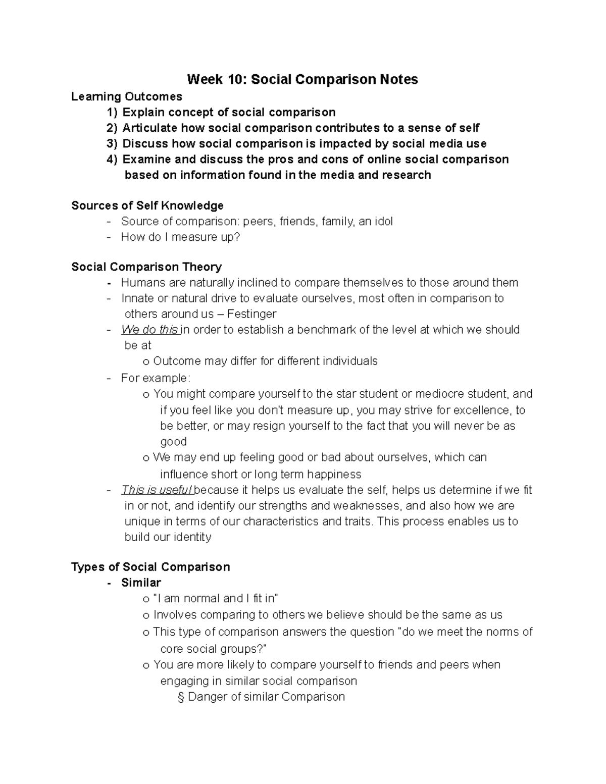 Week 10 - Social Comparison Notes - Week 10: Social Comparison Notes ...