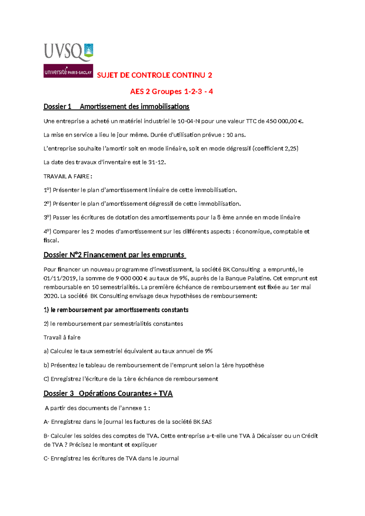 Sujet DE Controle Continu 2 - SUJET DE CONTROLE CONTINU 2 AES 2 Groupes ...