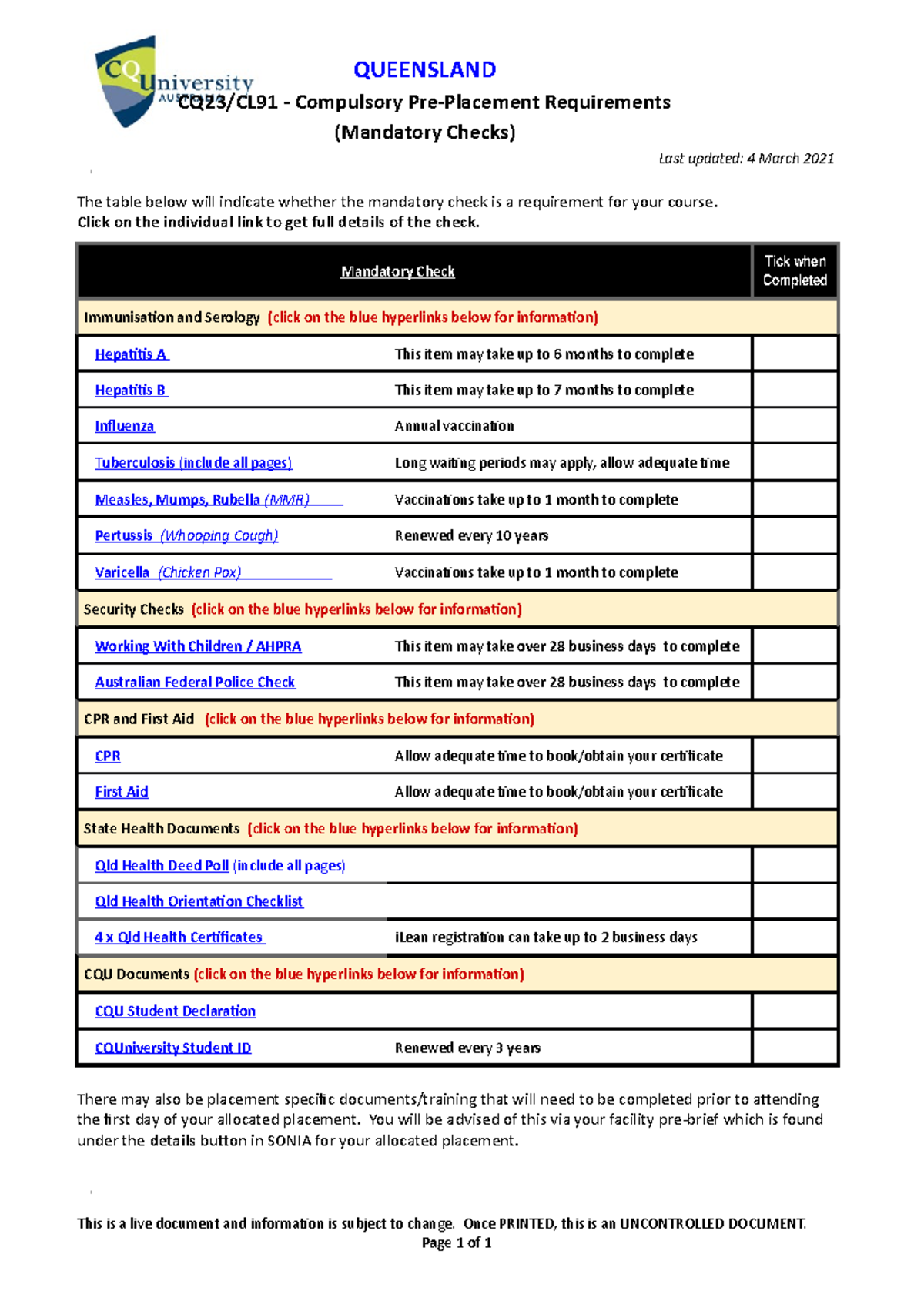 (CQ23 CL91) QLD - Summary of Compulsory Pre-Placement requirements ...