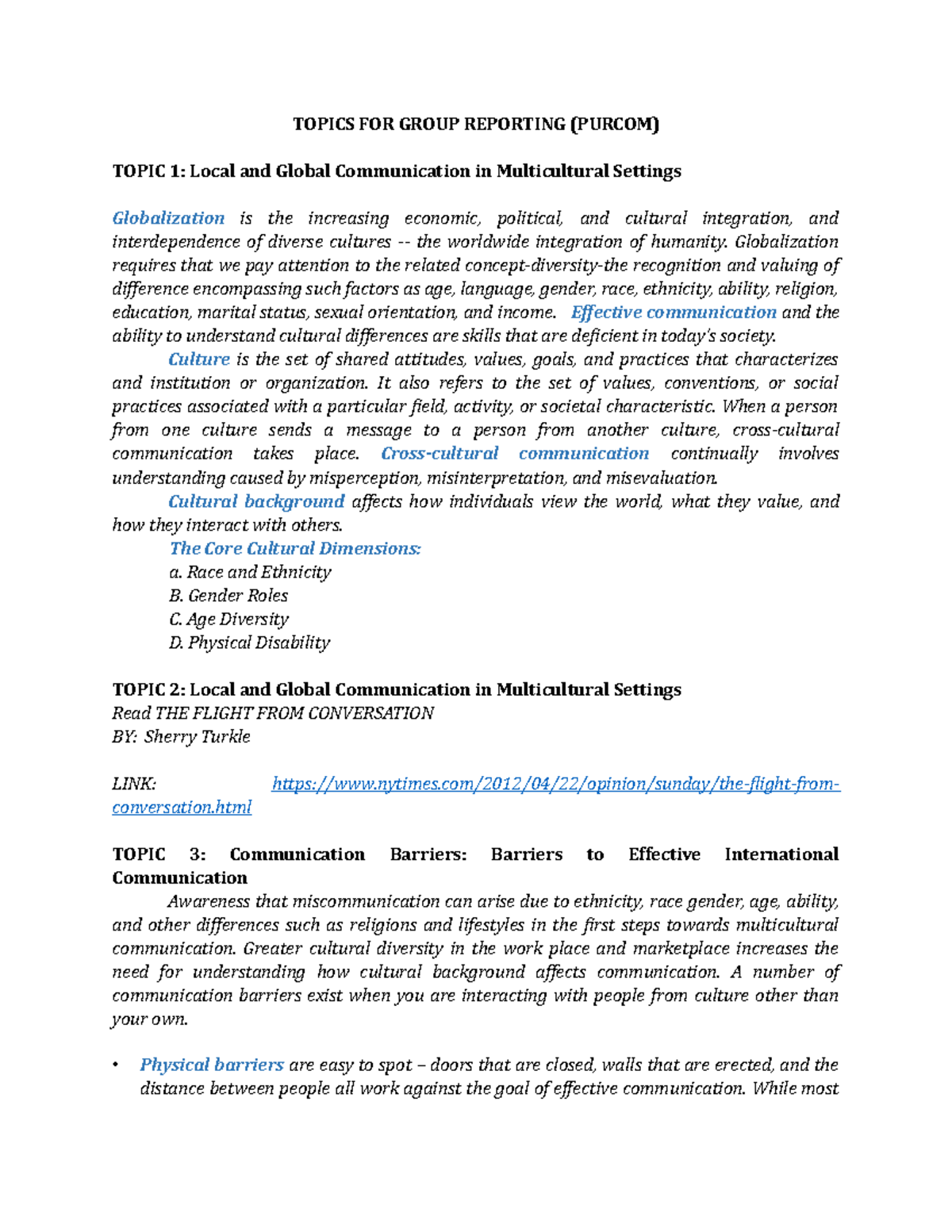 Topics FOR Group Reporting - TOPICS FOR GROUP REPORTING (PURCOM) TOPIC ...