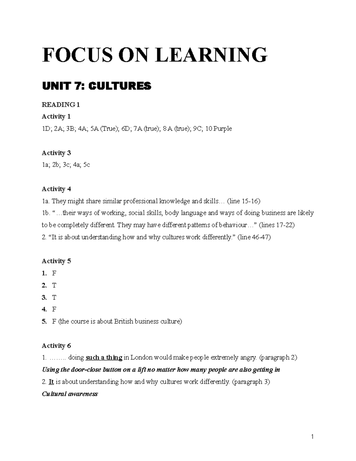 6A Reading 2 - KEY - FOCUS ON LEARNING UNIT 7: CULTURES READING 1 ...