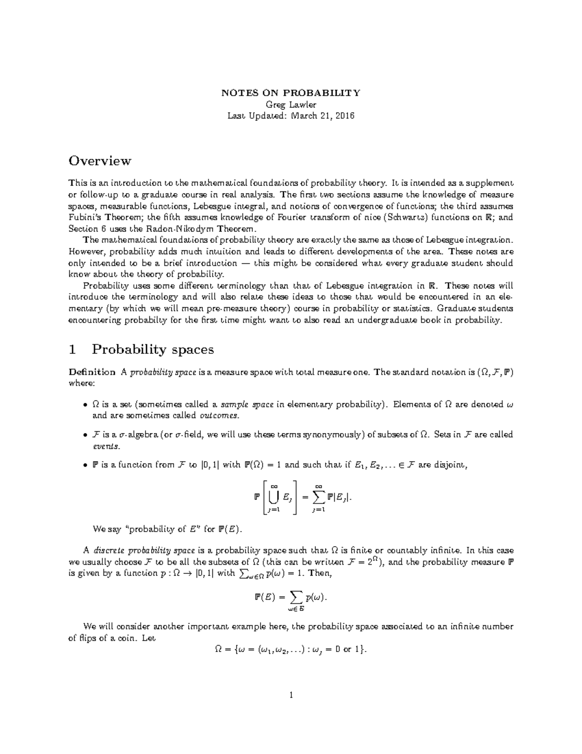 Probnotes - GOOD - NOTES ON PROBABILITY Greg Lawler Last Updated: March ...
