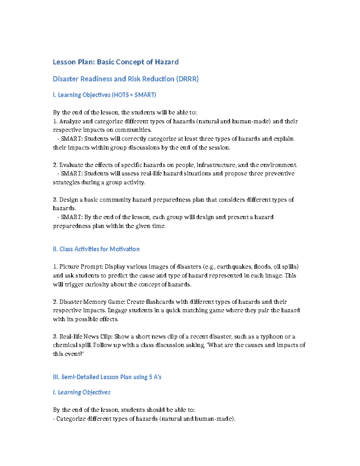 DRRR Lesson Plan Basic Concept of Hazard with Smart HOTS - Lesson Plan ...