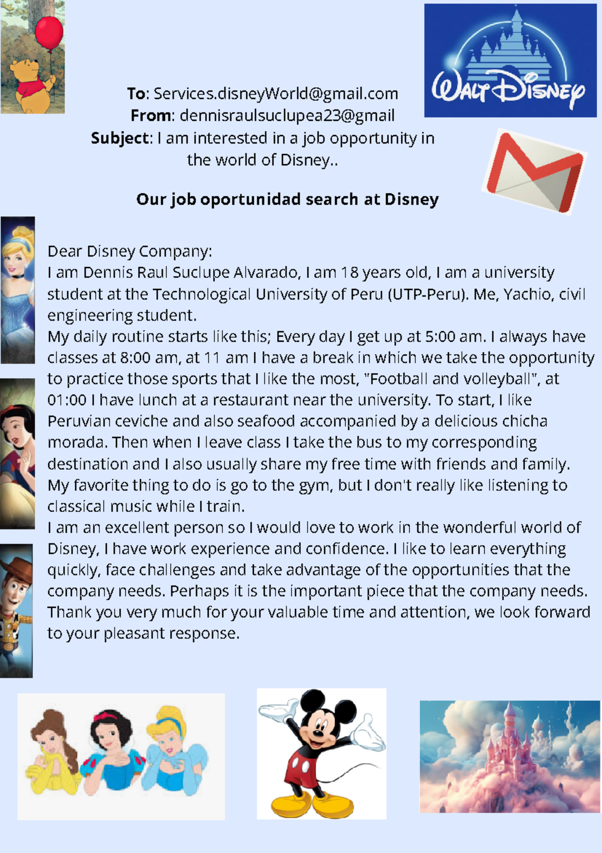 Ingles 1 - IUYTR - Dear Disney Company: I am Dennis Raul Suclupe ...