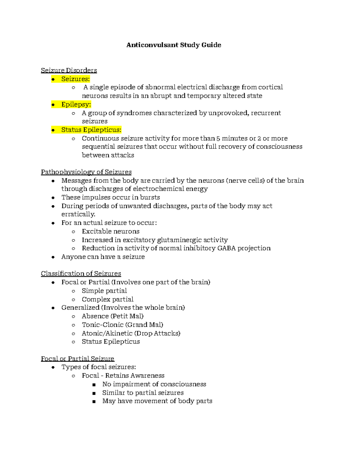 Anticonvulsant Study Guide - Anticonvulsant Study Guide Seizure ...