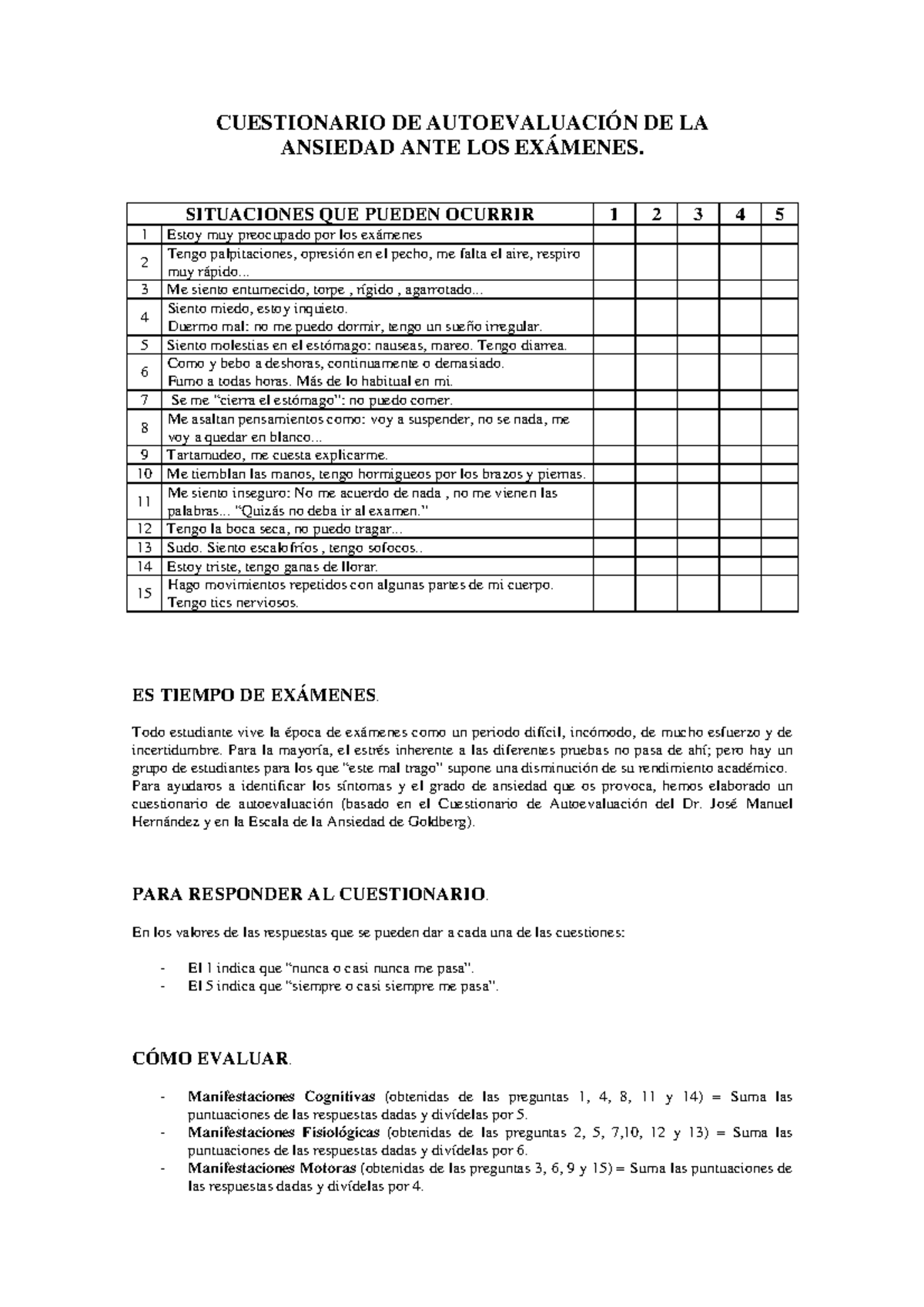 Cuestionario ansiedad ante examenes - CUESTIONARIO DE AUTOEVALUACIÓN DE ...