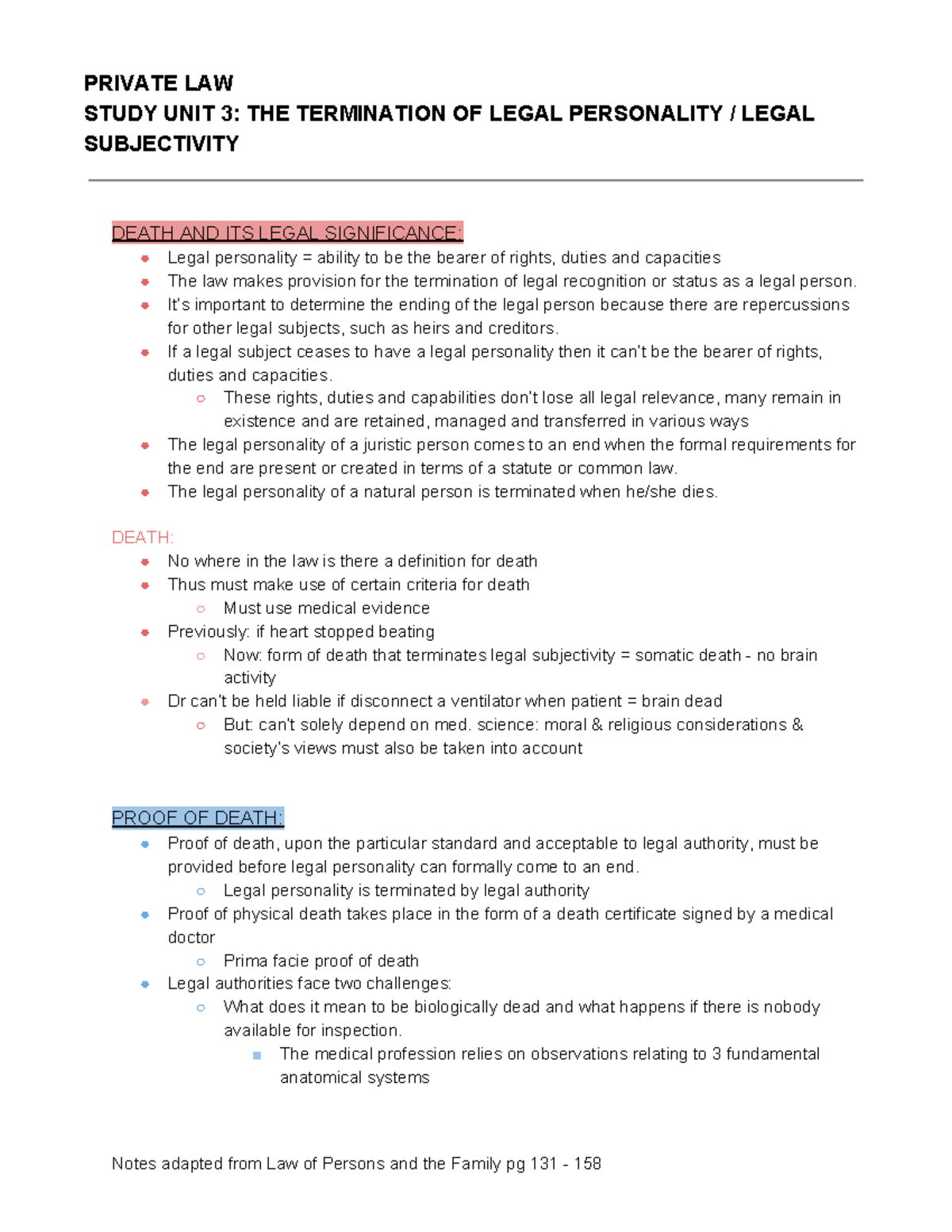 Study Unit 3 - The of Legal Personality - PRIVATE LAW STUDY UNIT 3: THE ...