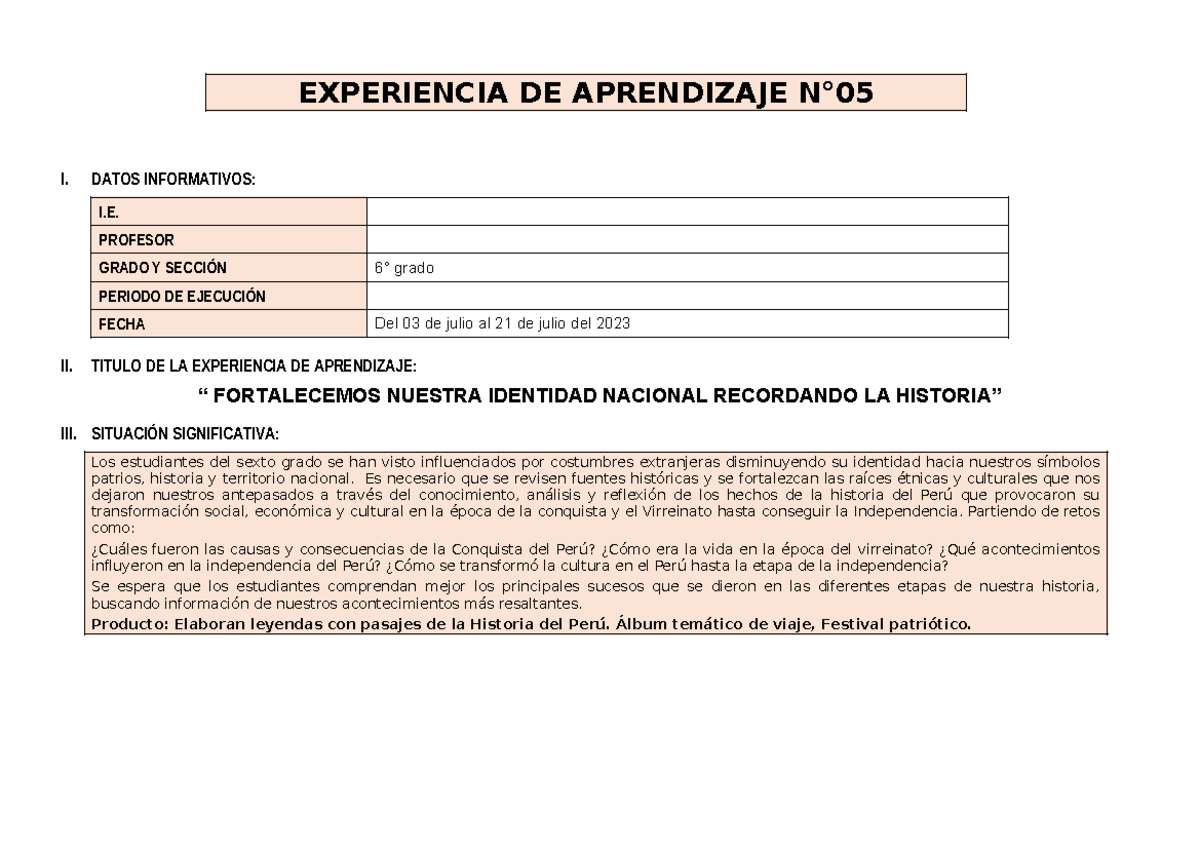 6° Grado - Experiencia DE Aprendizaje N°05 - EXPERIENCIA DE APRENDIZAJE N° I. DATOS INFORMATIVOS ...