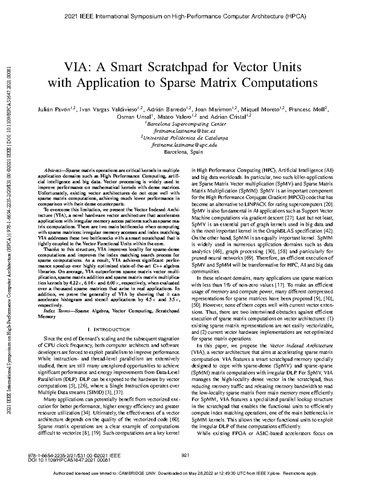 Via A Smart Scratchpad For Vector Units With Application To Sparse Matrix Computations Pavon